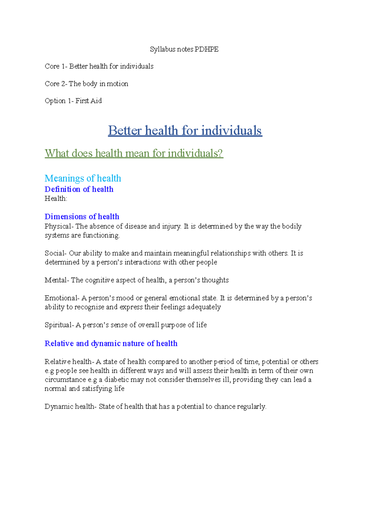 Syllabus notes Pdhpe - Syllabus notes PDHPE Core 1- Better health for ...