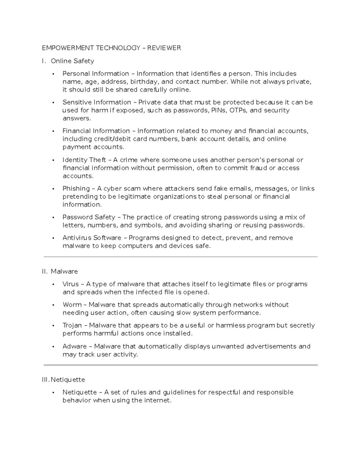 EMPOWERMENT TECHNOLOGY REVIEWER I: Online Safety & Malware Insights ...