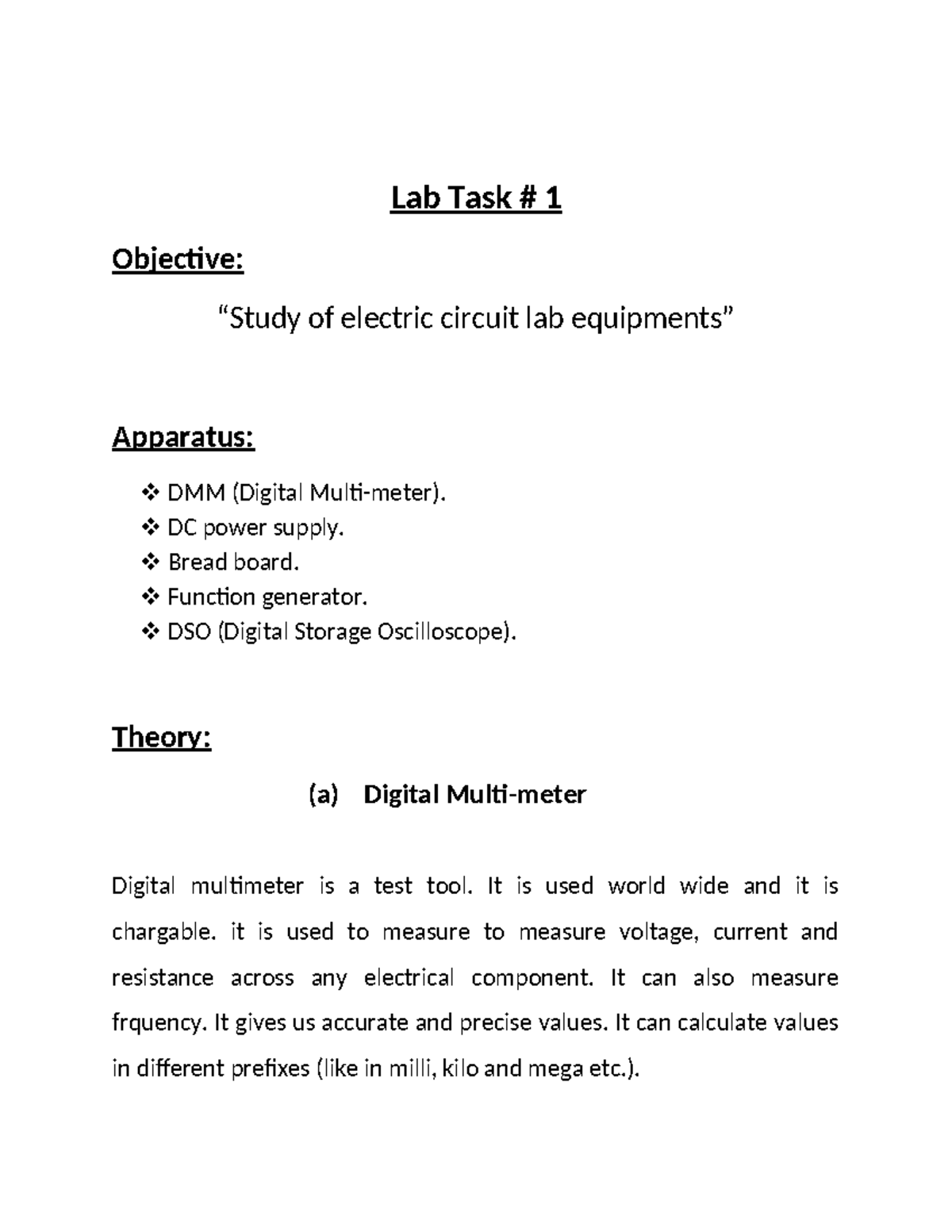 Lab Task 1 - lab about electric circuits - Lab Task # 1 Objective: “Study of electric circuit ...