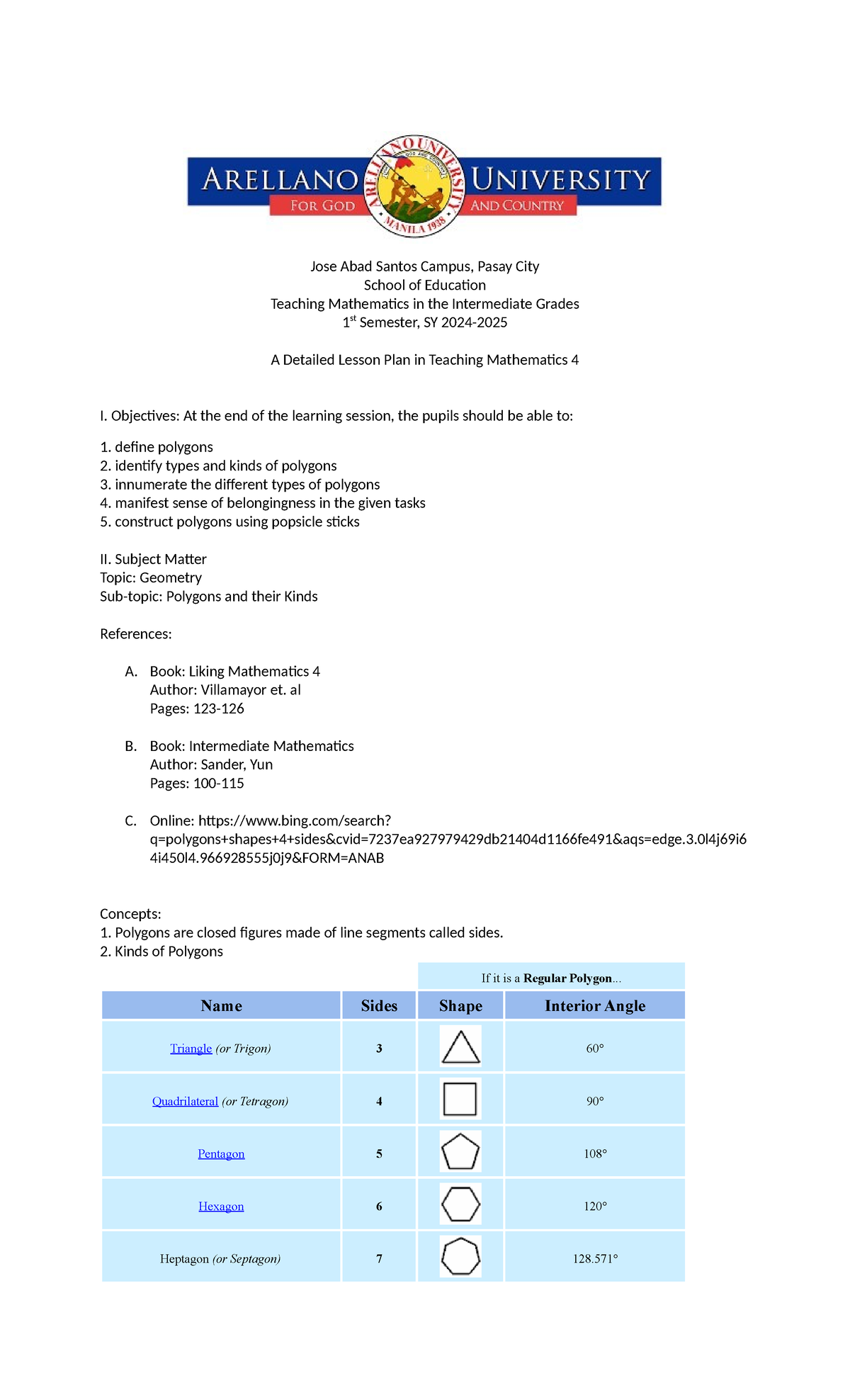 Detailed Lesson Plan for Teaching Math 4: Understanding Polygons - Studocu