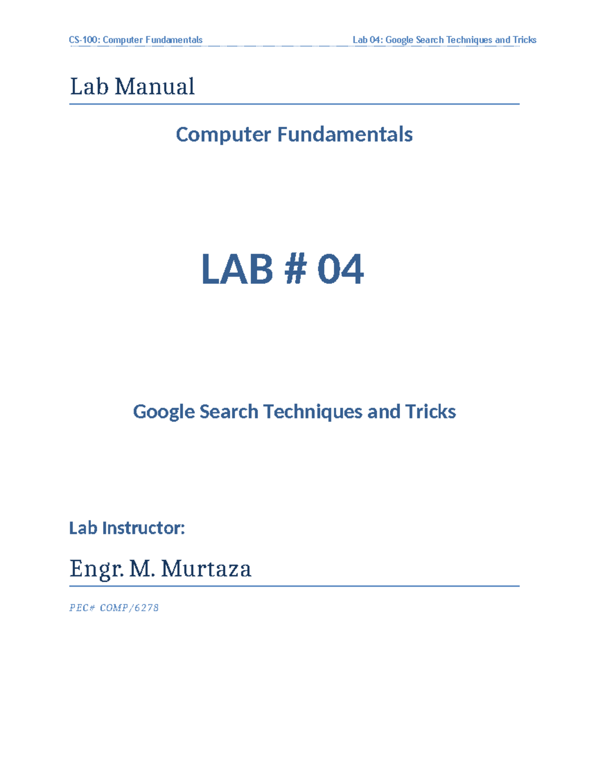 Lab 4 - Google Search Techniques and Tricks - Lab Manual Computer ...