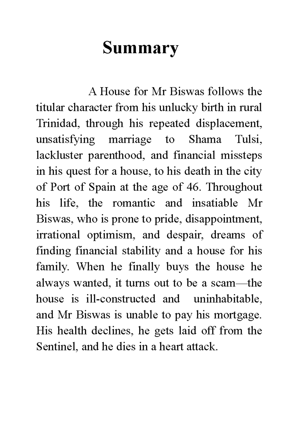 A House for Mr Biswas: Summary of Themes and Character Journey - Studocu