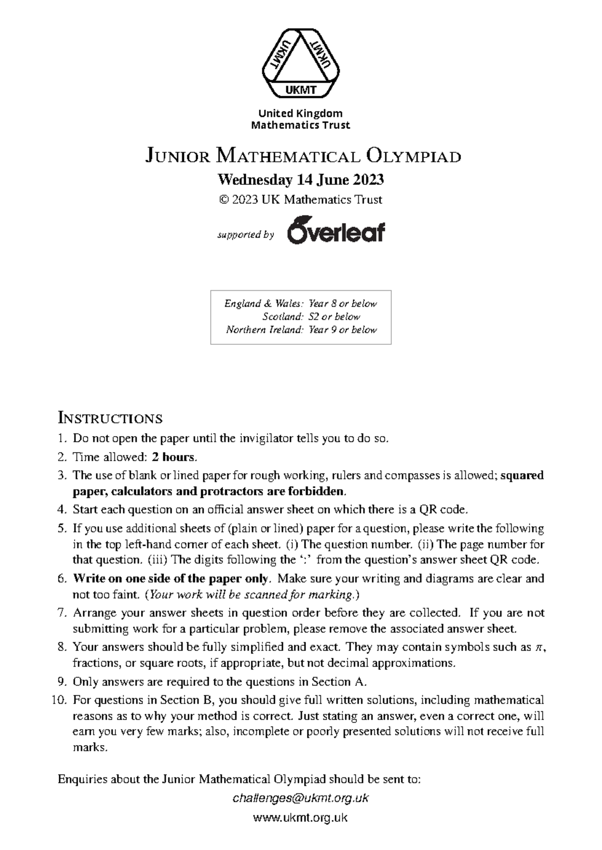 Junior Mathematical Olympiad 2023 Paper (UKMT) - Exam Instructions ...