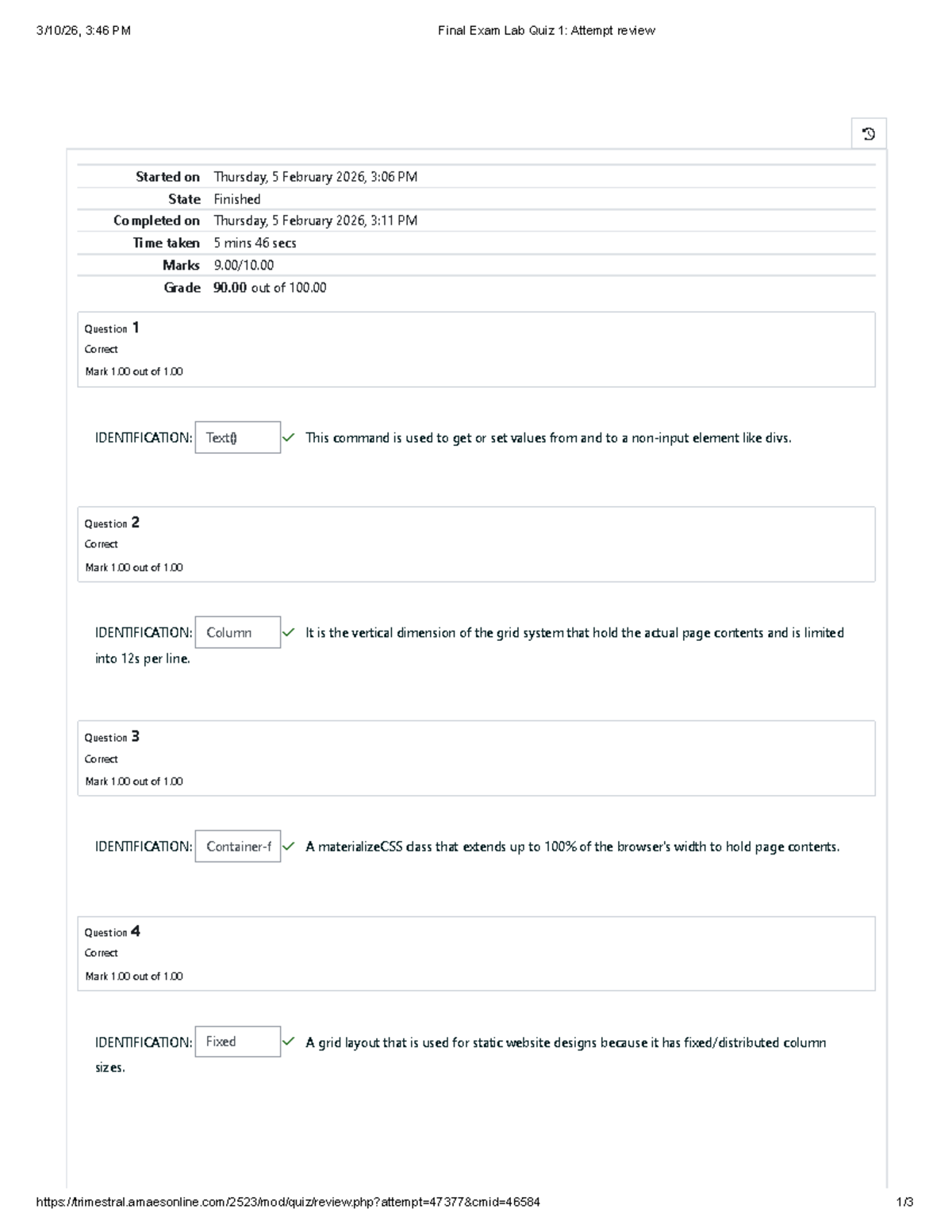 Final Exam Lab Quiz 1 Review - Attempt on 5 Feb 2026 - Studocu