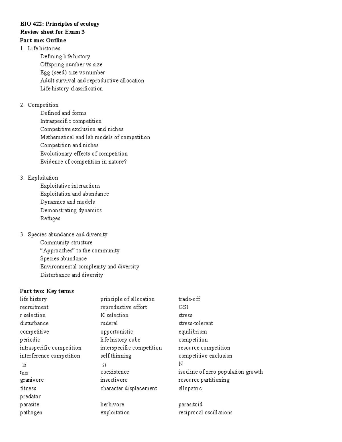 BIO 422: Ecology Principles Study Guide for Exam 3 - Studocu