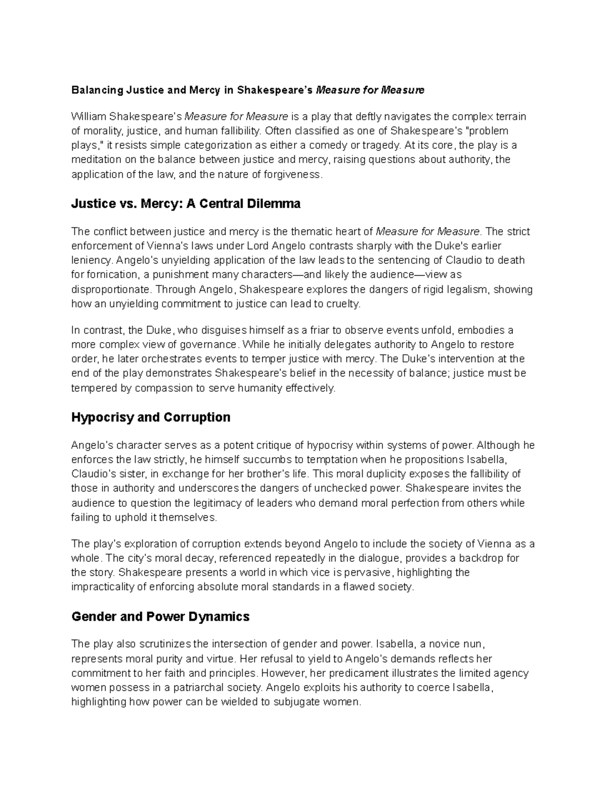 Essay Assignment Measure for Measure 2023 - Balancing Justice and Mercy ...