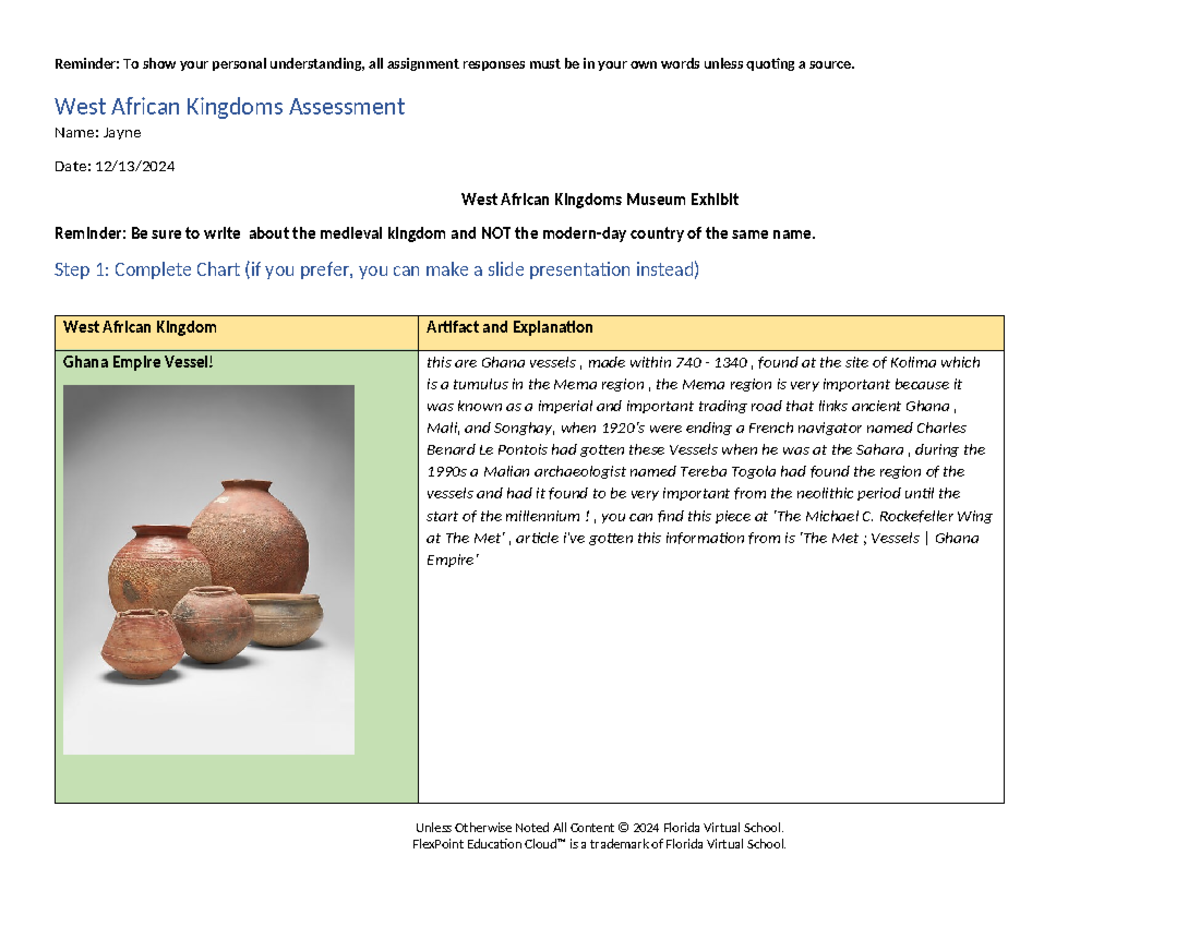 West African Kingdoms: Artifacts and Insights - Final Assessment ...
