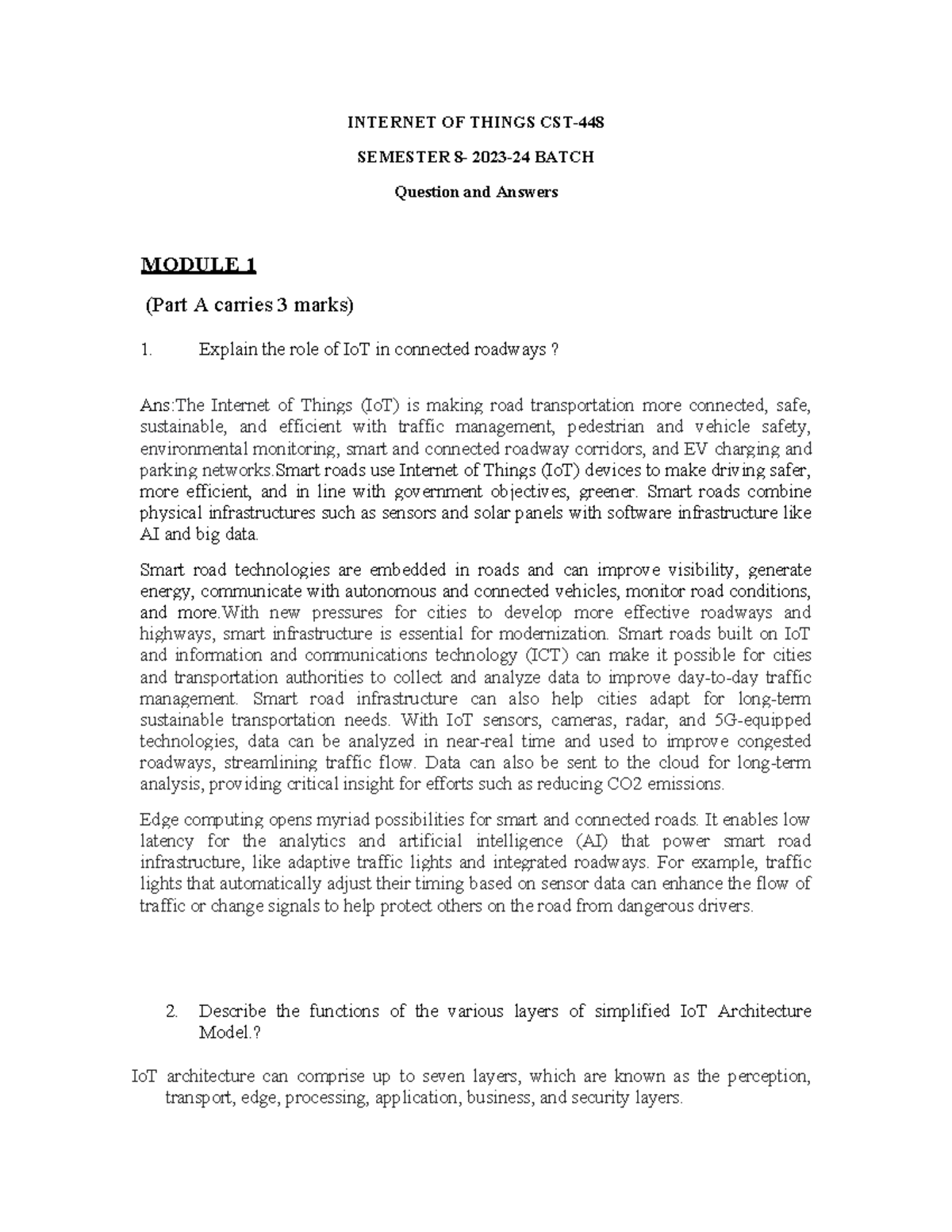 IoT SEMESTER BATCH M1 Qn & Ans: Connected Roadways & Architecture - Studocu