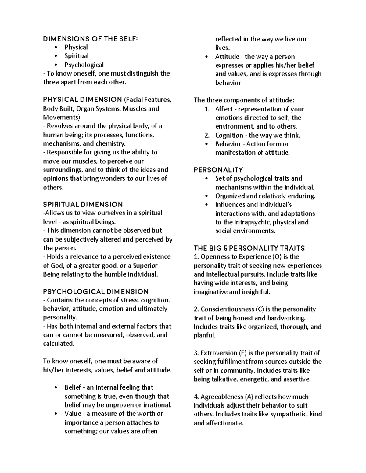 Personal Development Lecture Notes: Understanding the Self Dimensions ...