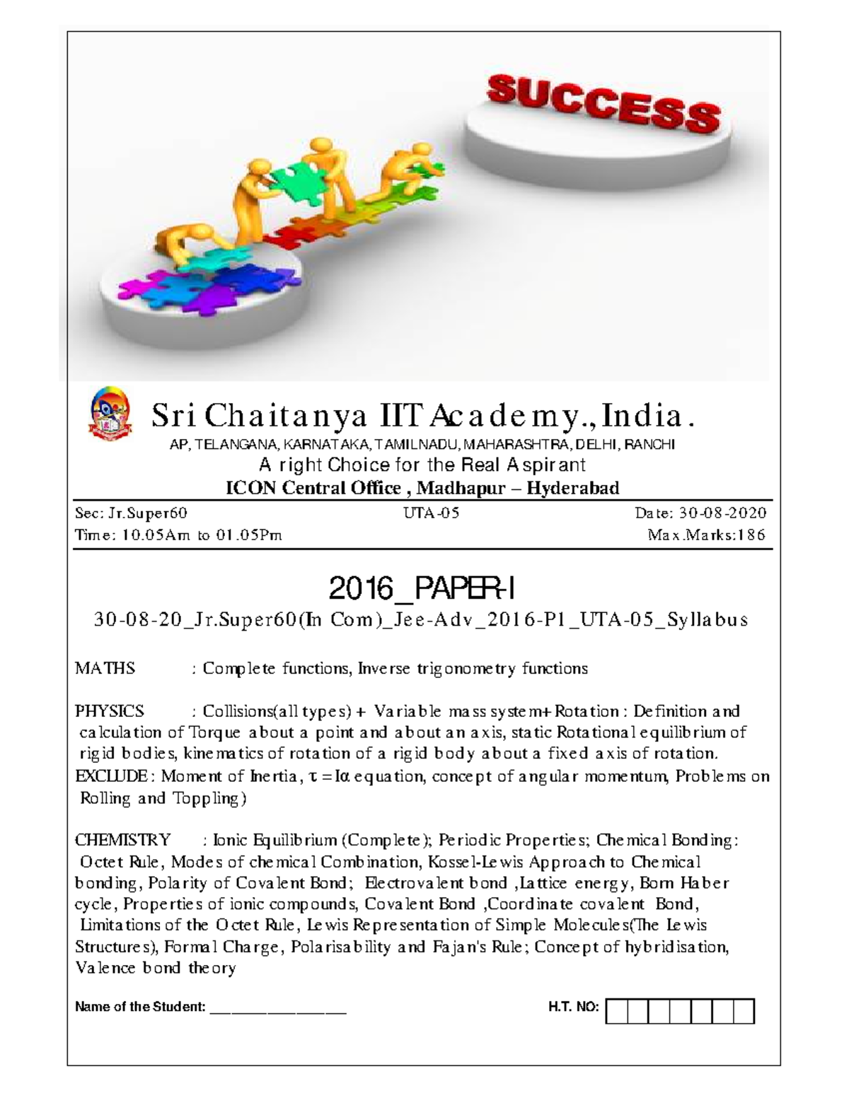 Jr.Super60 JEE Advanced 2016 Paper 1 - Complete Solutions and Analysis ...
