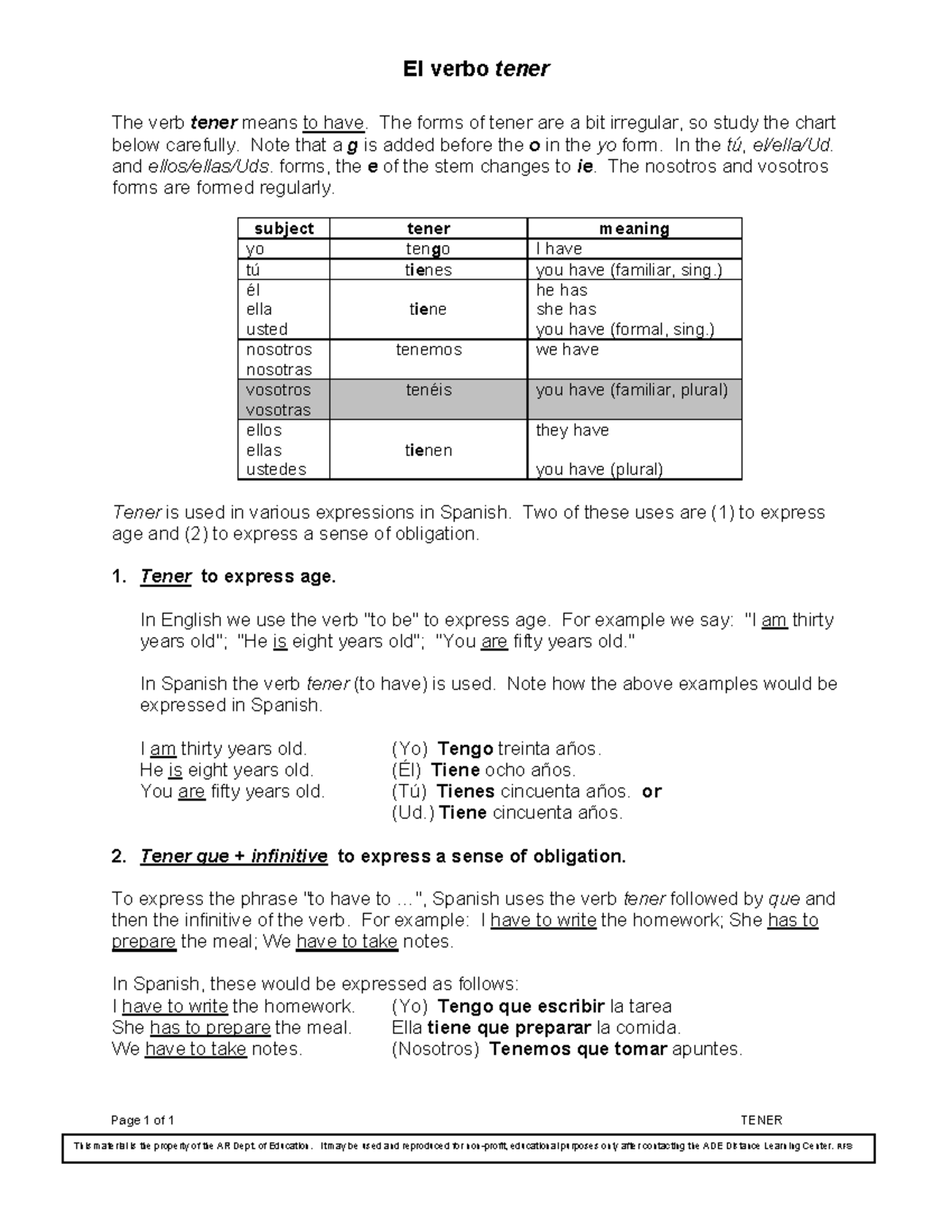 Tener Verb Notes: Understanding the Uses and Forms in Spanish - Studocu