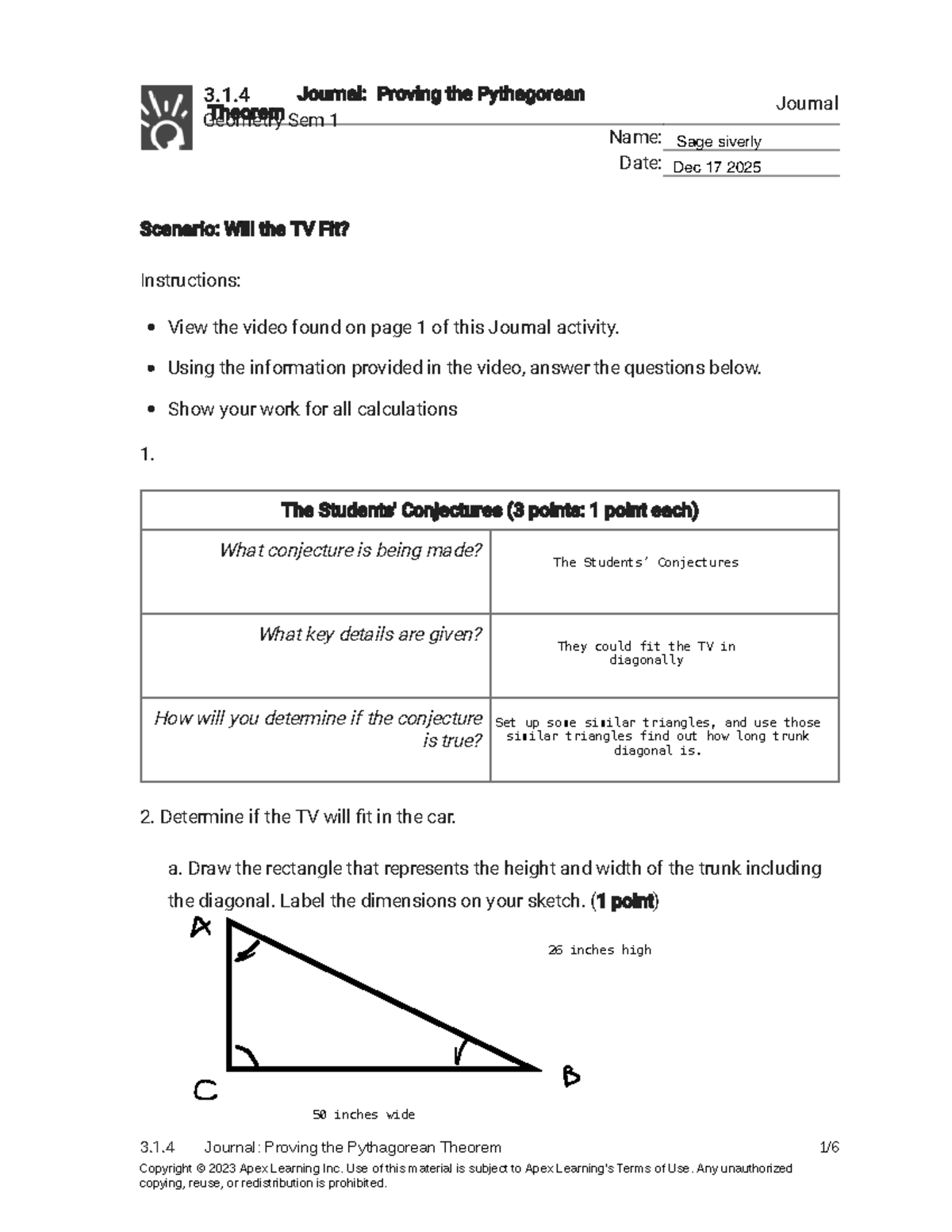 Journal: Proving the Pythagorean Theorem Geometry Sem 1 3.1.4 Lab - Studocu