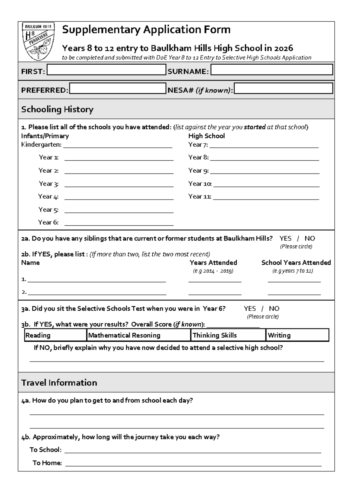 Supplementary Application Form for Baulkham Hills High School 2026 ...