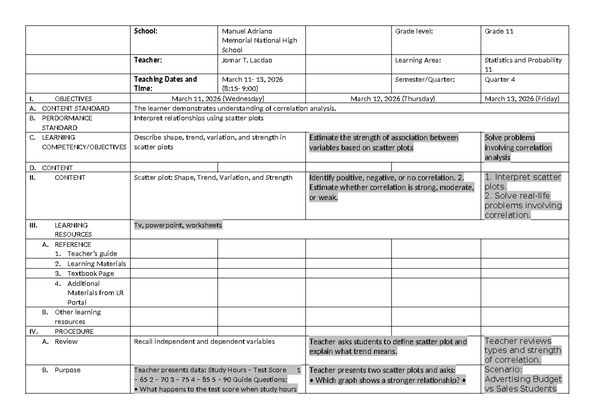 DLL: Statistics and Probability 11 - Correlation Analysis Guide - Studocu