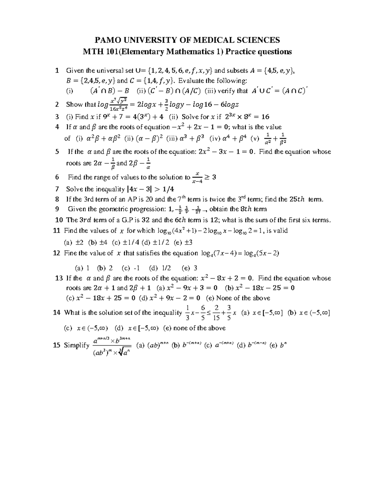 MTH 101 Final Exam Practice Questions and Solutions - Studocu