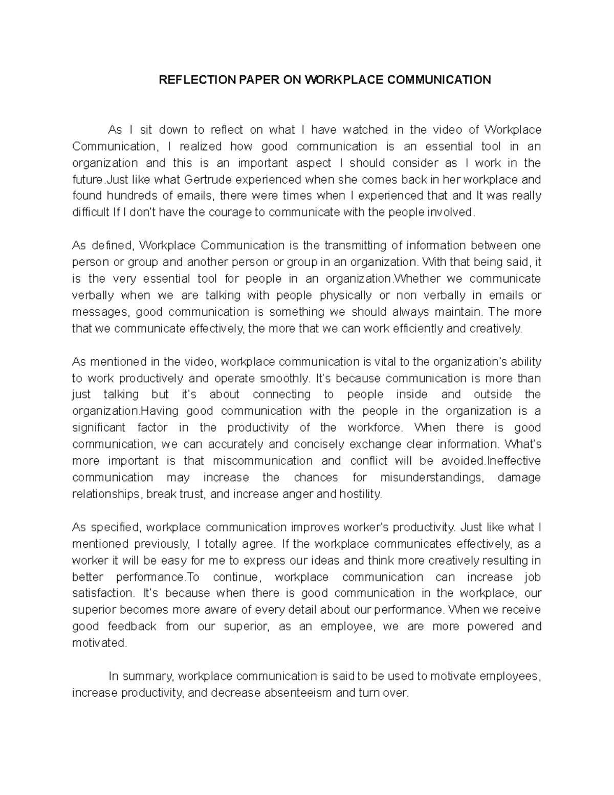 Reflection Paper ON Workplace Communication - REFLECTION PAPER ON ...