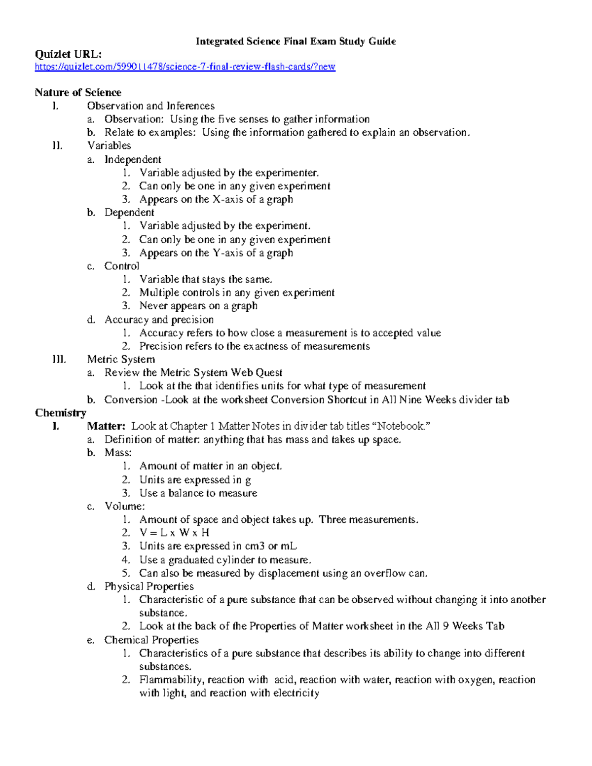 Integrated Science Final Exam Study Guide (Course Code: SCI 7) - Studocu