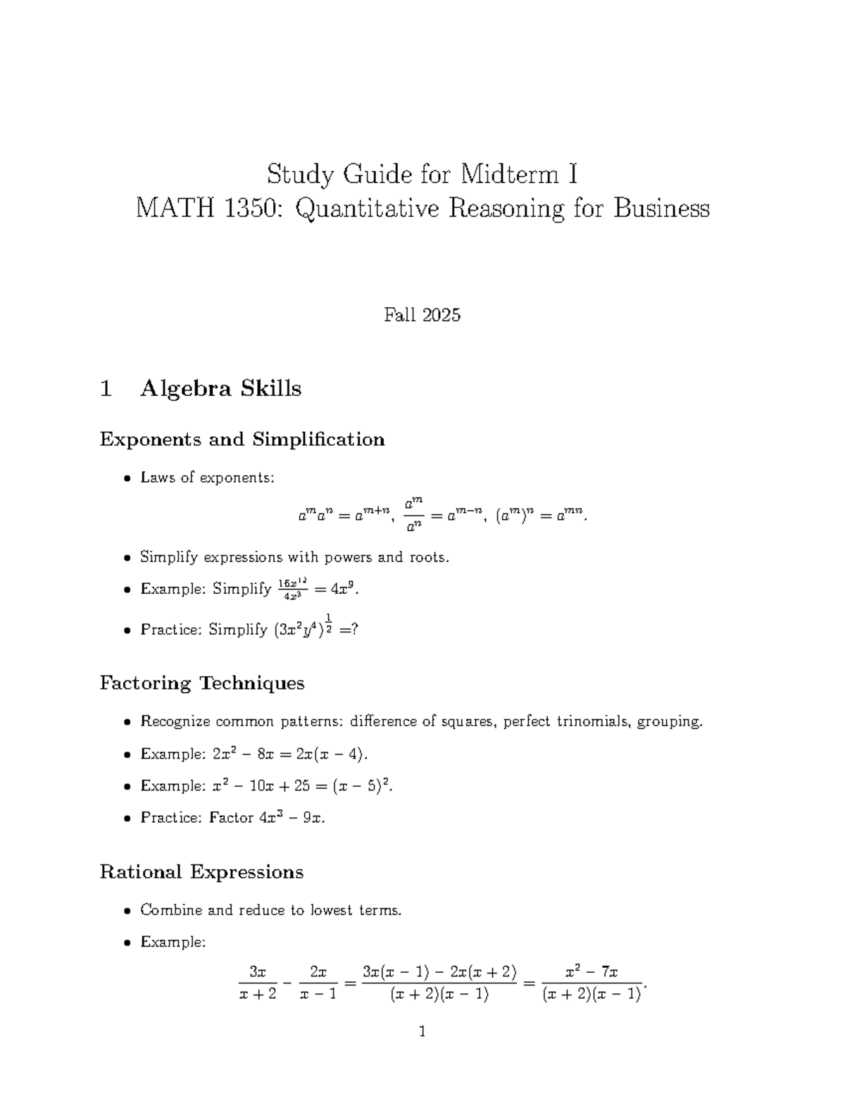 Midterm Study Guide for MATH 1350: Quantitative Reasoning, Fall 2025 ...