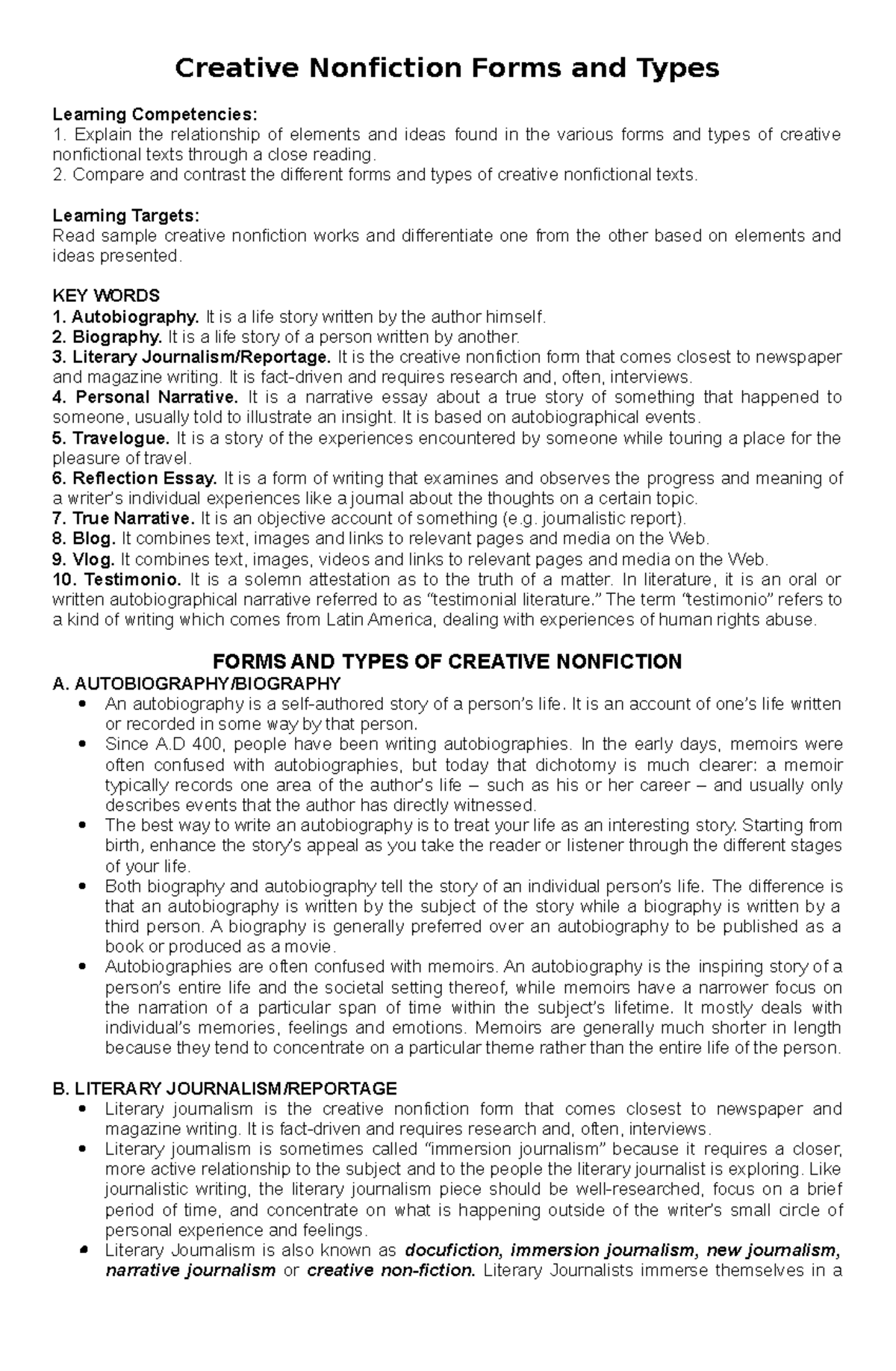 Creative Nonfiction Forms & Types Overview CNF Maam-Veness - Studocu