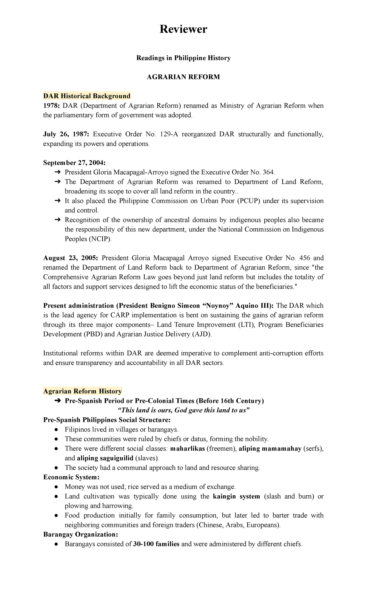 RPH 101 Final Exam Reviewer: Agrarian Reform in Philippine History - Studocu