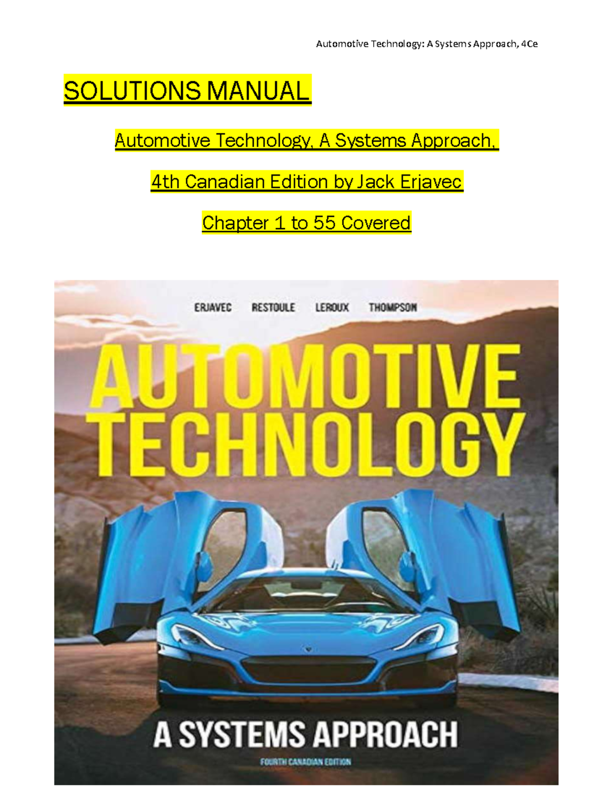 Solutions Manual for Automotive Technology: A Systems Approach, 4Ce ...