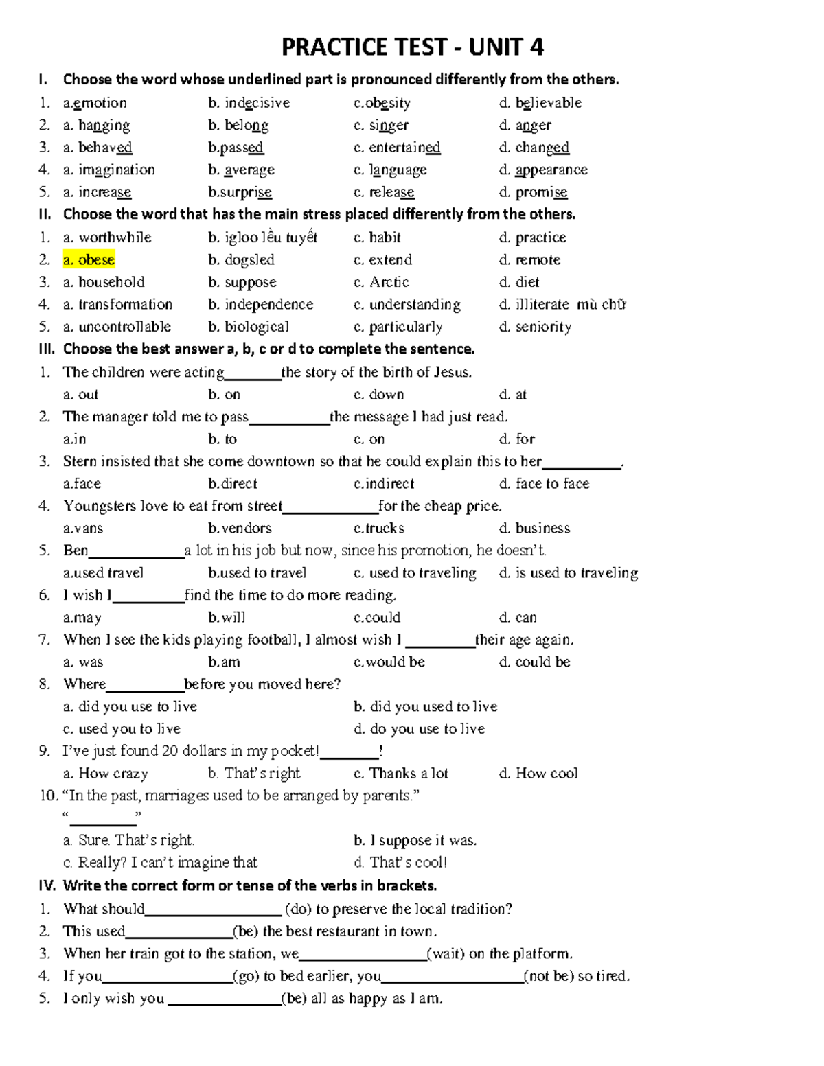 UNIT 4 PRACTICE TEST: Pronunciation, Stress, and Grammar Exercises ...