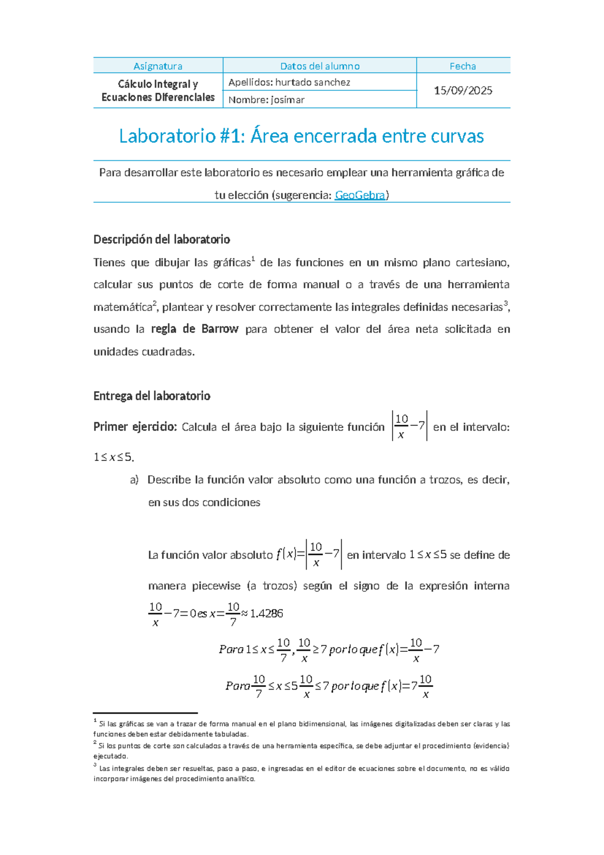 Laboratorio Cálculo Integral y Ecuaciones Diferenciales: Área entre Curvas - Studocu
