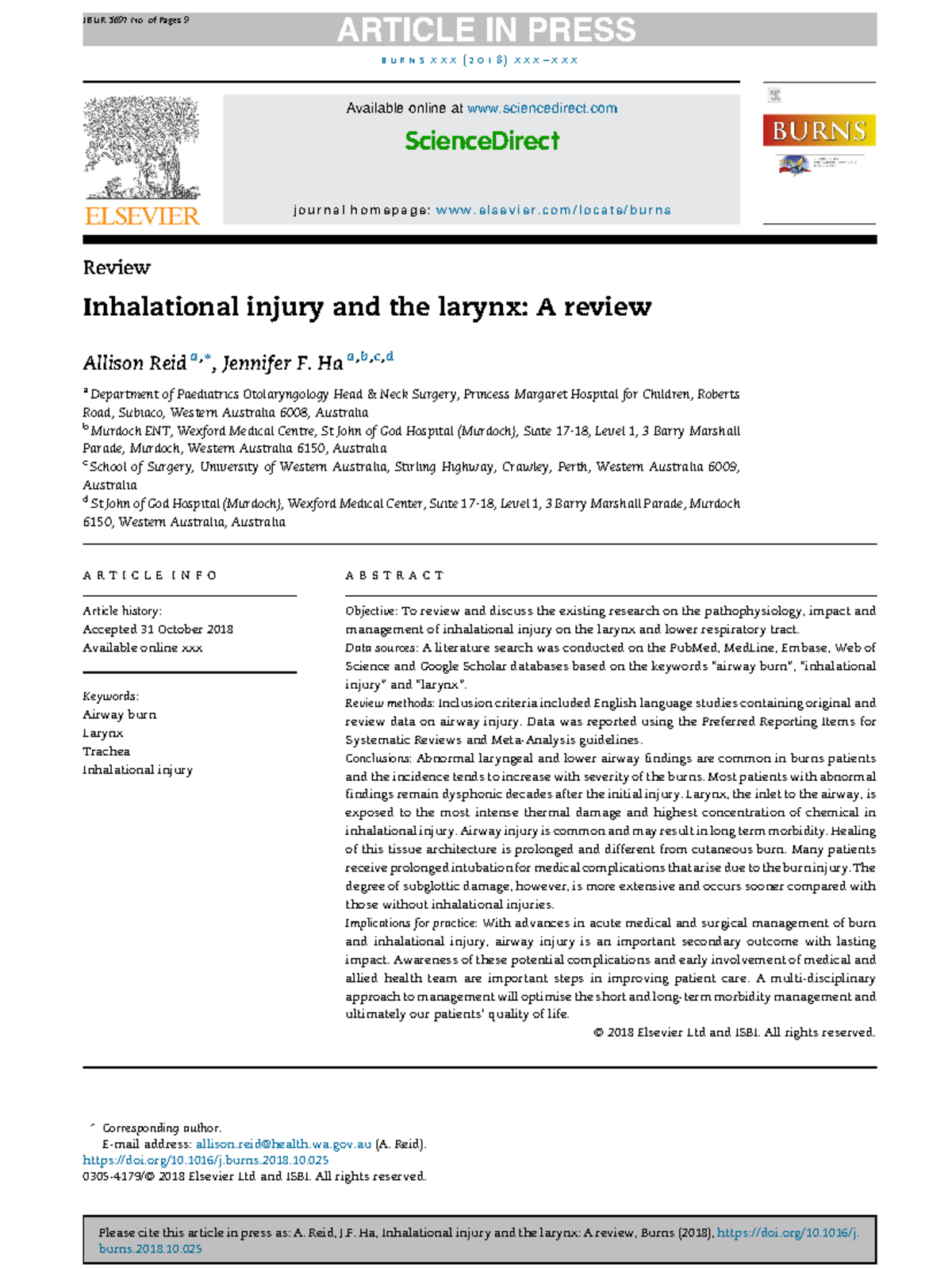 Inhalational Injury & Laryngeal Impact: A Systematic Review ...