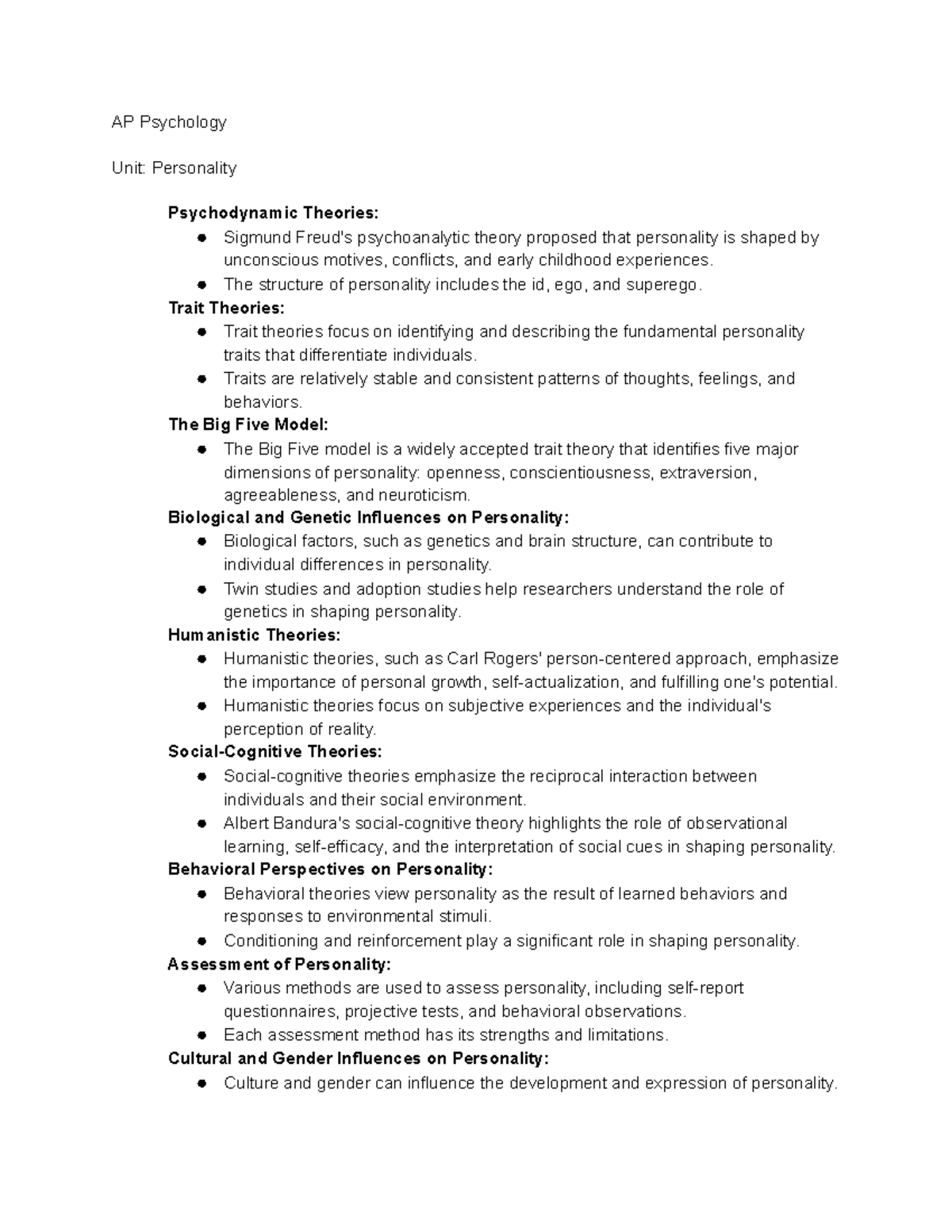 AP Psychology - Personality - AP Psychology Unit: Personality ...