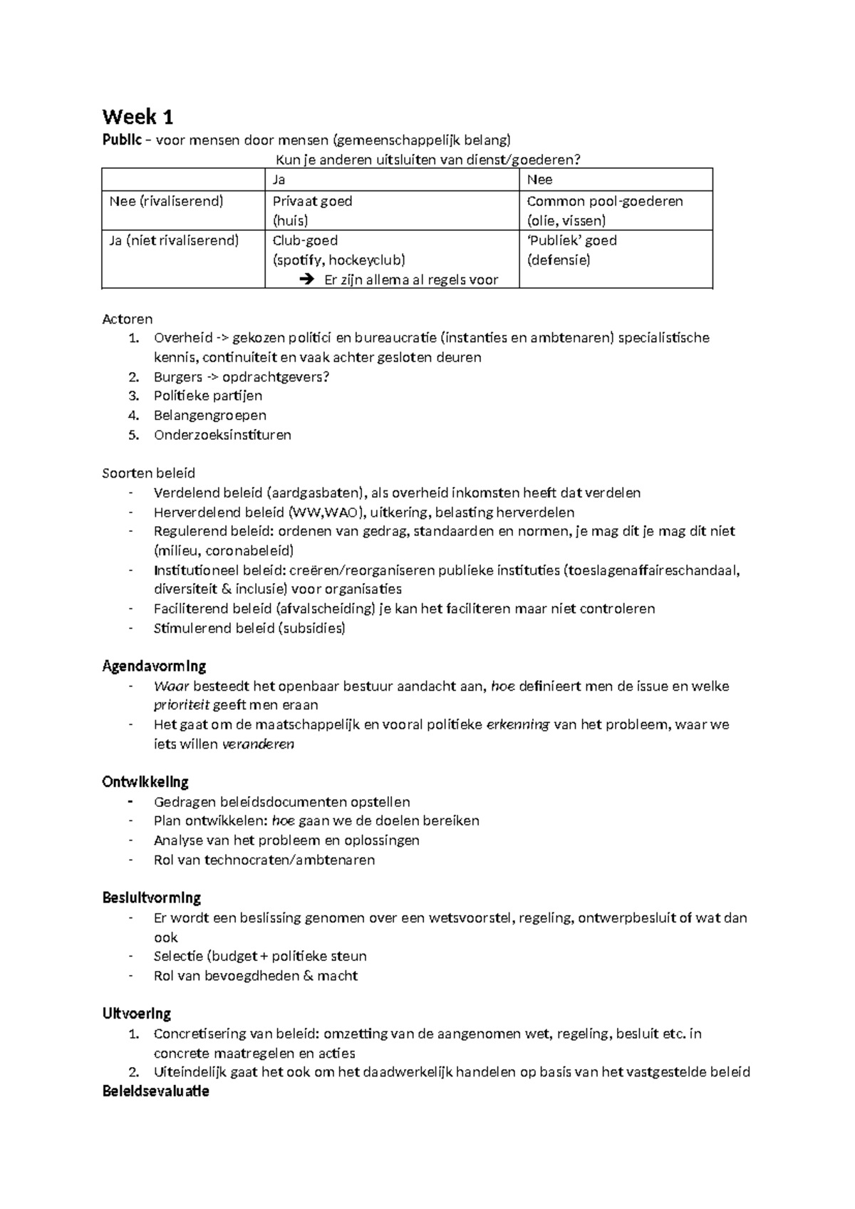 Beleid en Beleidscyclus: Belangrijke Punten en Analyse (Week 1-4 ...