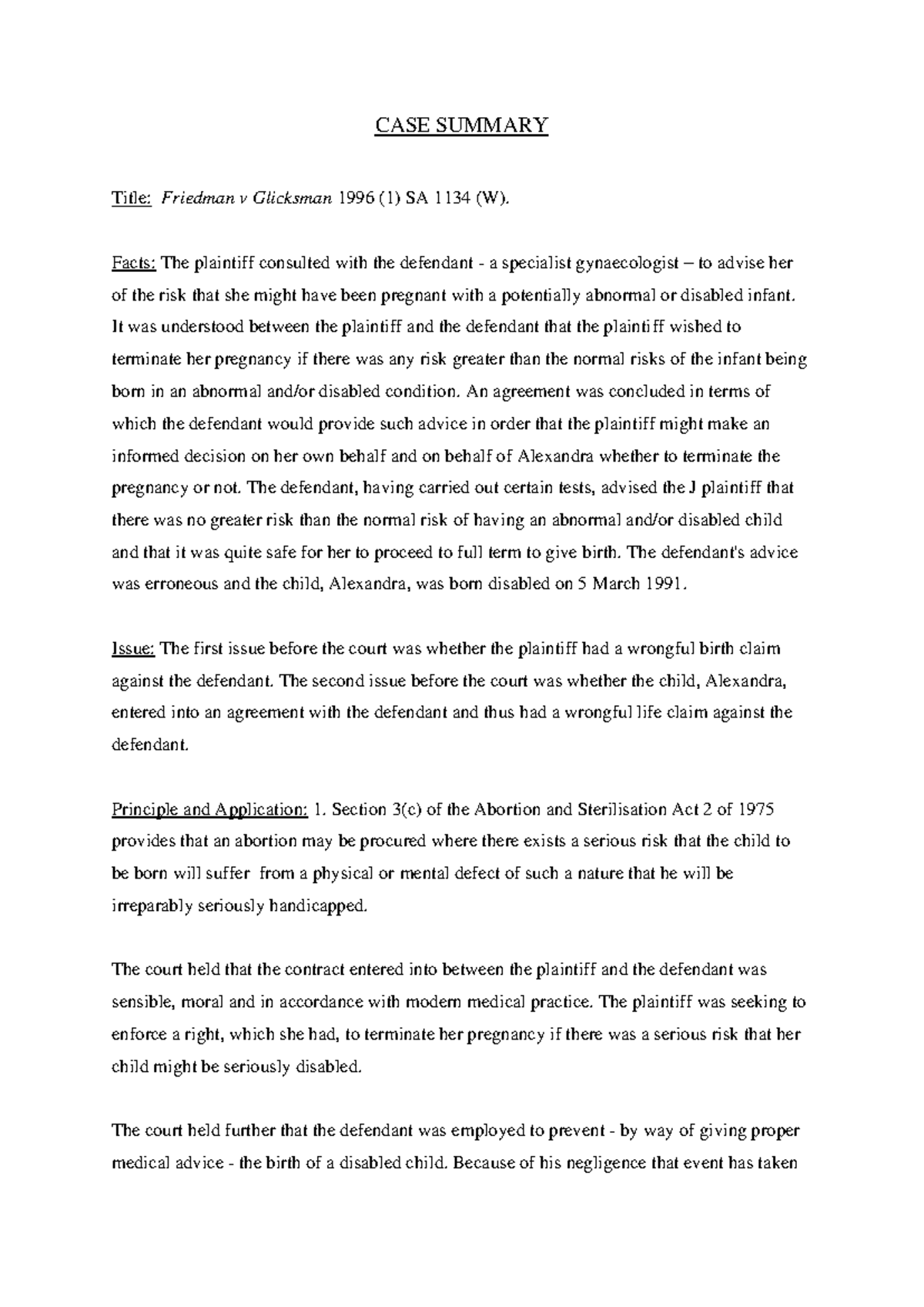 Friedman v Glicksman Case Summary: Wrongful Birth & Life Claims ...