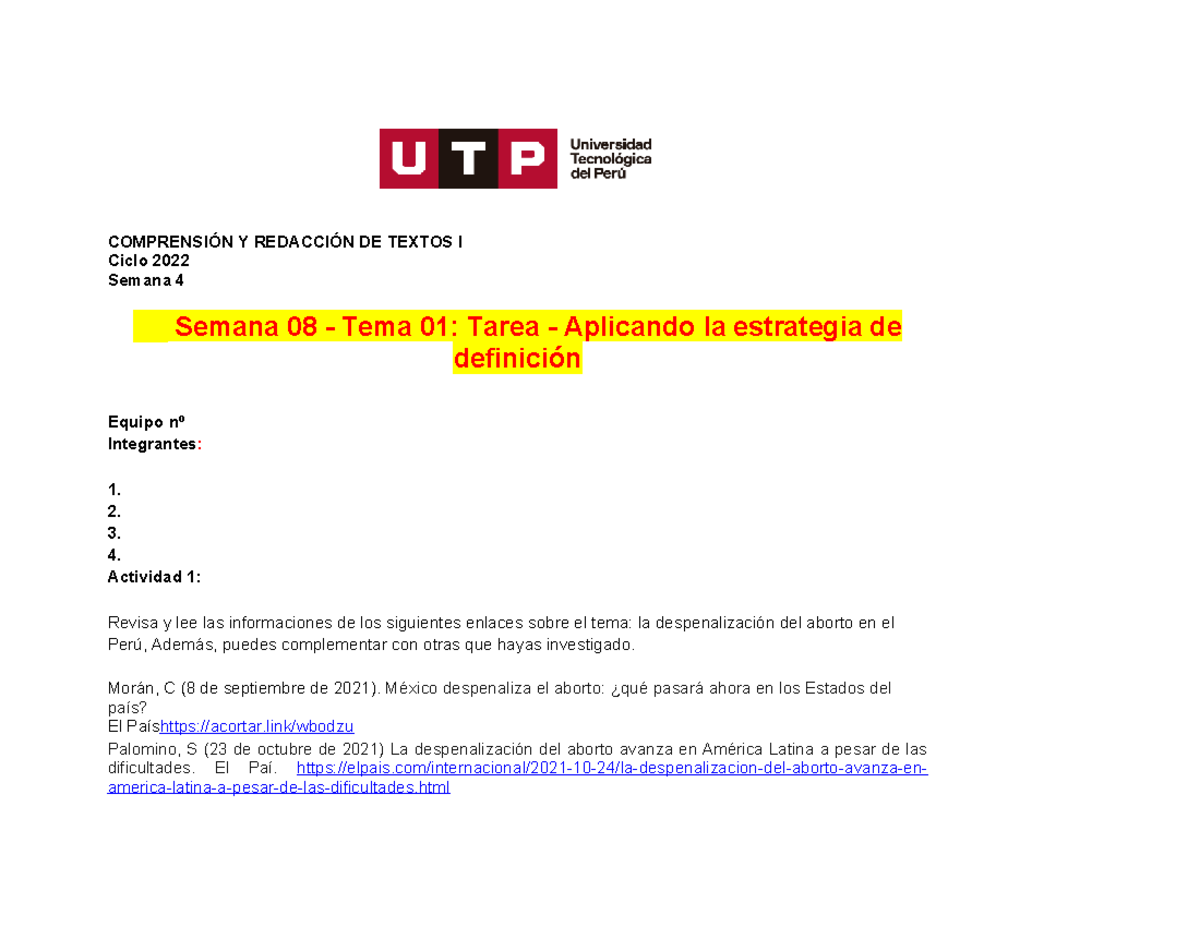 🔴📝 Semana 08 - Tema 01 Tarea - Aplicando la estrategia de definición ...