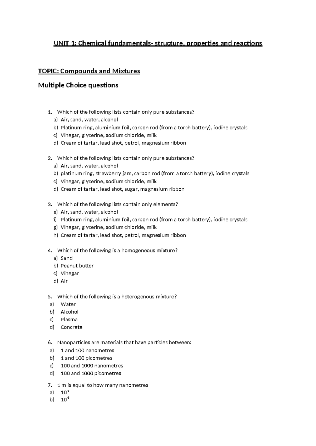 UNIT 1: Compounds and Mixtures MC Questions and Answers - Studocu