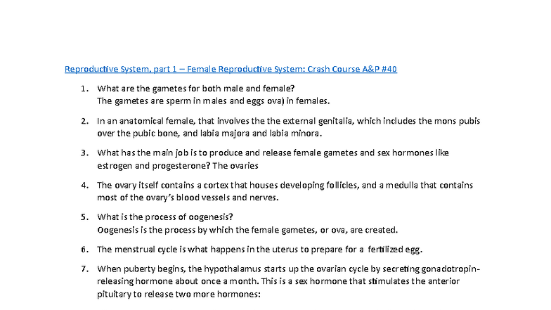 A&P Crash Course: Reproductive System Overview (Parts 1-4) - Studocu