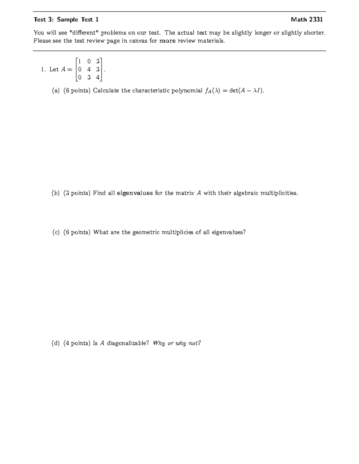 Math 2331 Test 3 - Sample Test 1 Practice Questions - Studocu