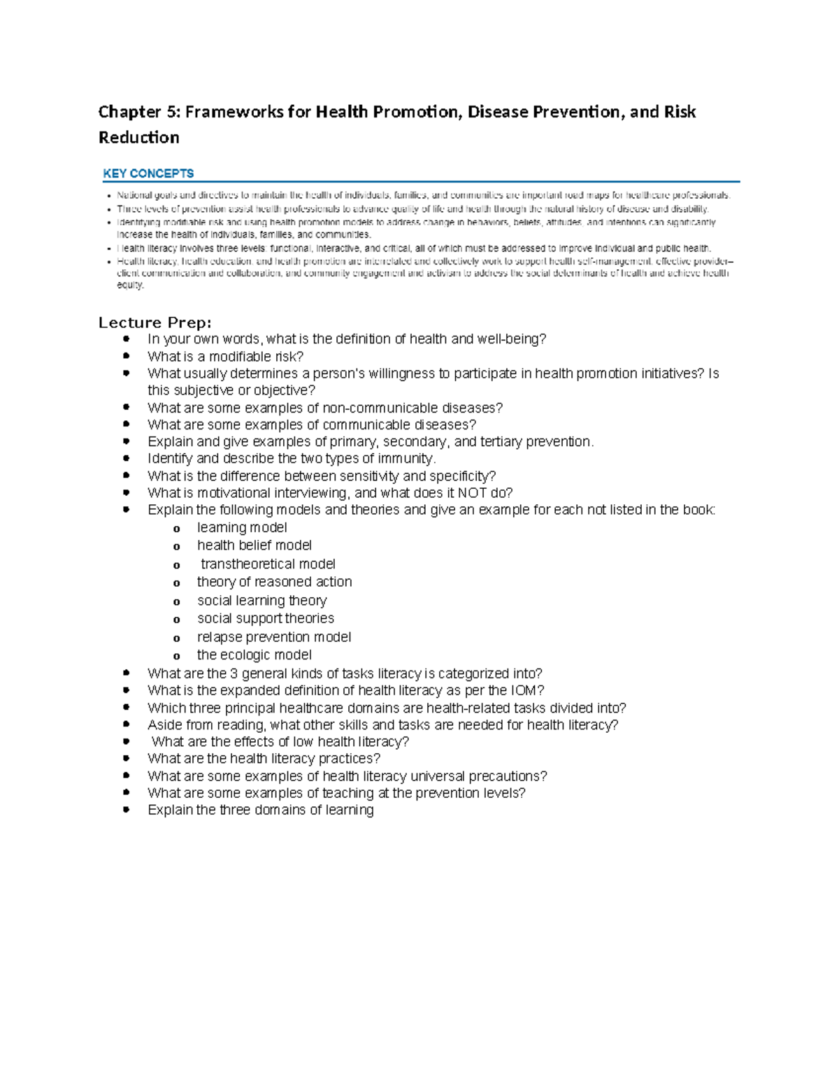 Chapter 5: Health Promotion & Disease Prevention Lecture Prep - Studocu