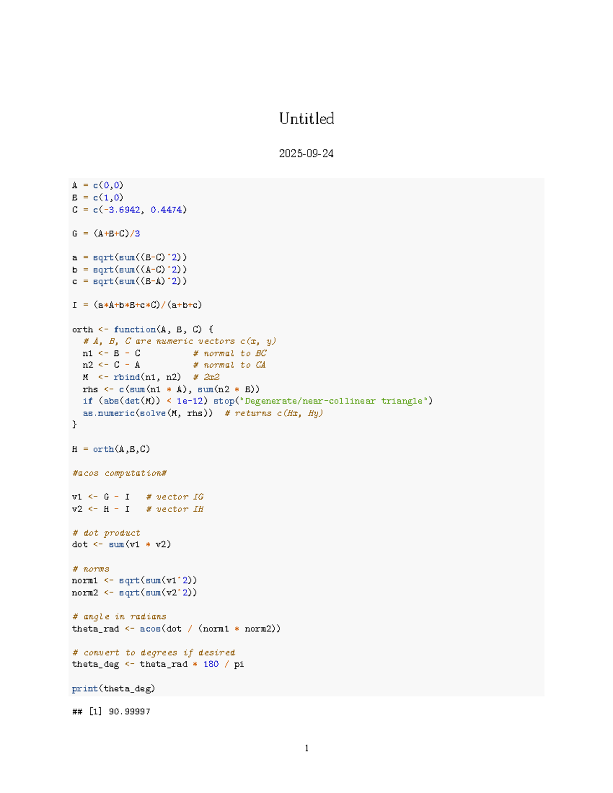 91 deg angle - R-programming - Untitled 2025-09- A = c(0,0) B = c(1,0) C = c(-3, 0) G = (A+B+C ...