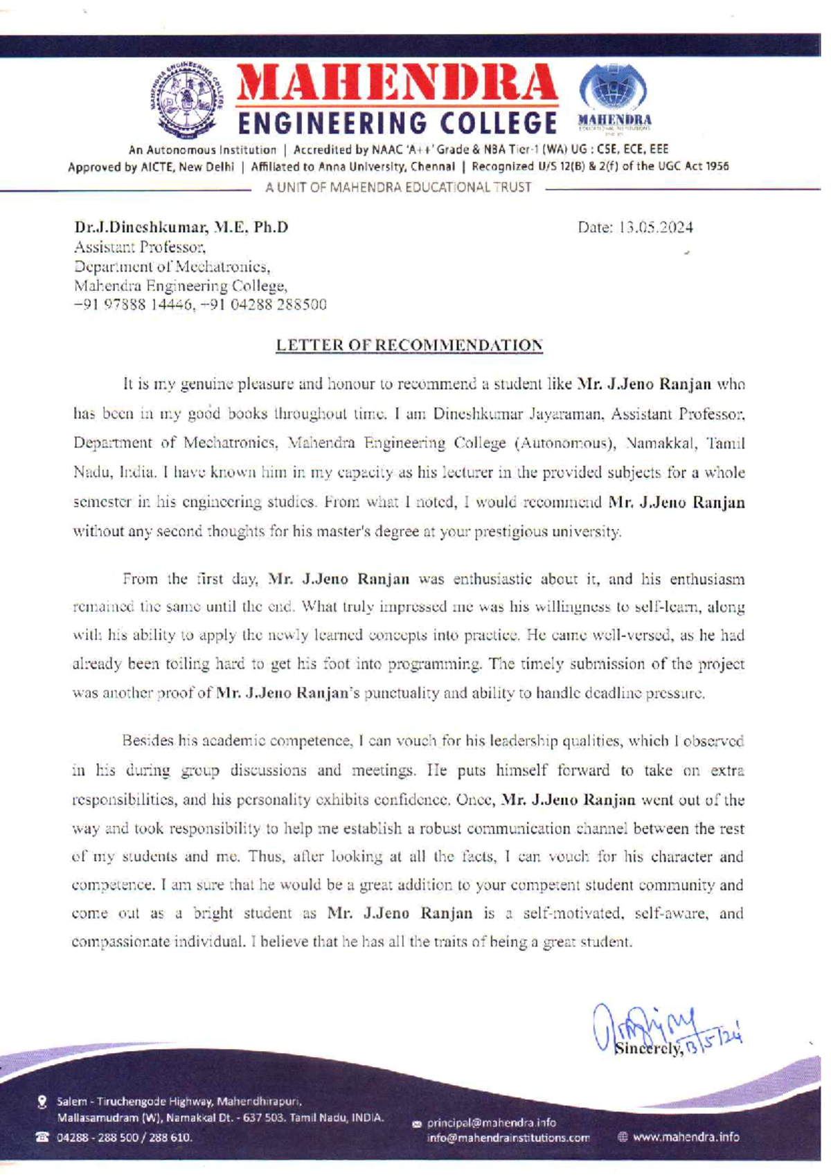 Letter - notes - ENGINEERING UNIVERSITY MAHENDRA ENGINEERING COLLEGE ...