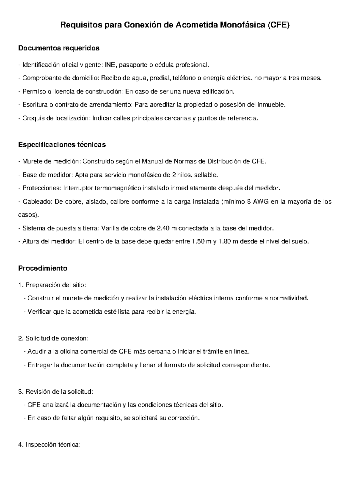 Requisitos CFE Conexión Acometida Monofásica Actualizados 2023 - Studocu
