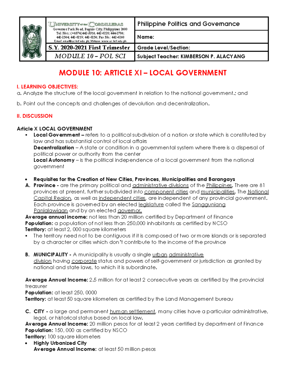 Philippine politics and governance: Local government module 10 (POL SCI ...