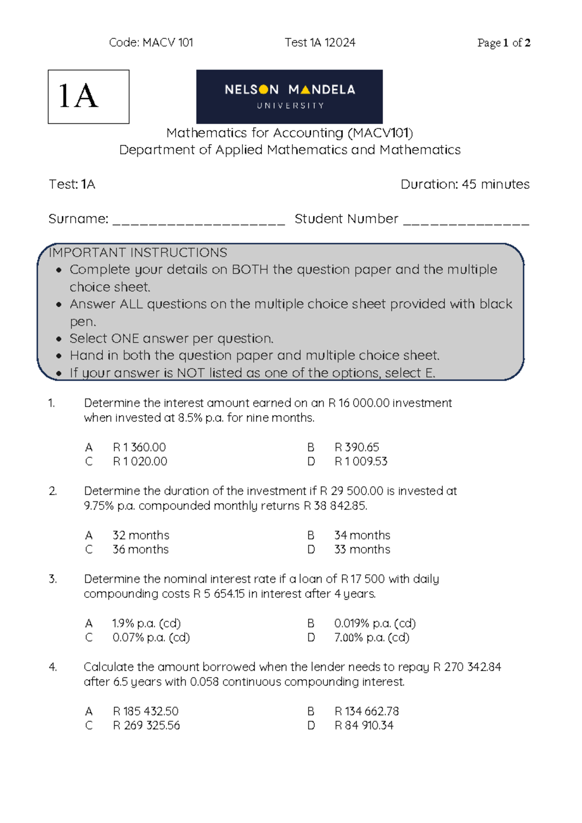 MM24 Test 1A - Test 1 - Code: MACV 101 Test 1A 12024 Page 1 of 2 ...