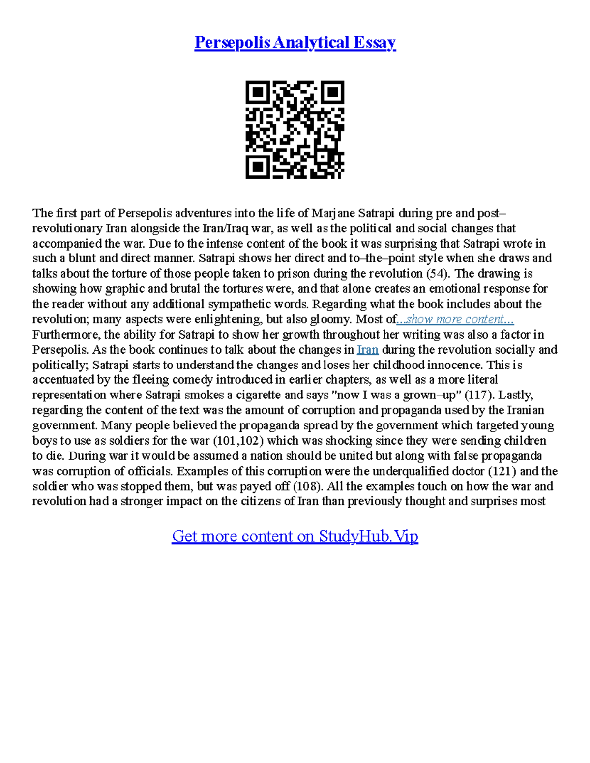 Persepolis: Comprehensive Essay Collection on Satrapi's Work - Studocu