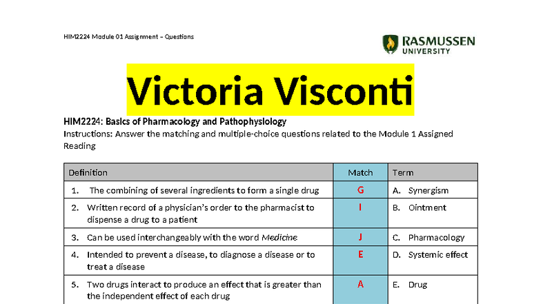 HIM2224FW Module 01 Assignment Questions on Pharmacology ...
