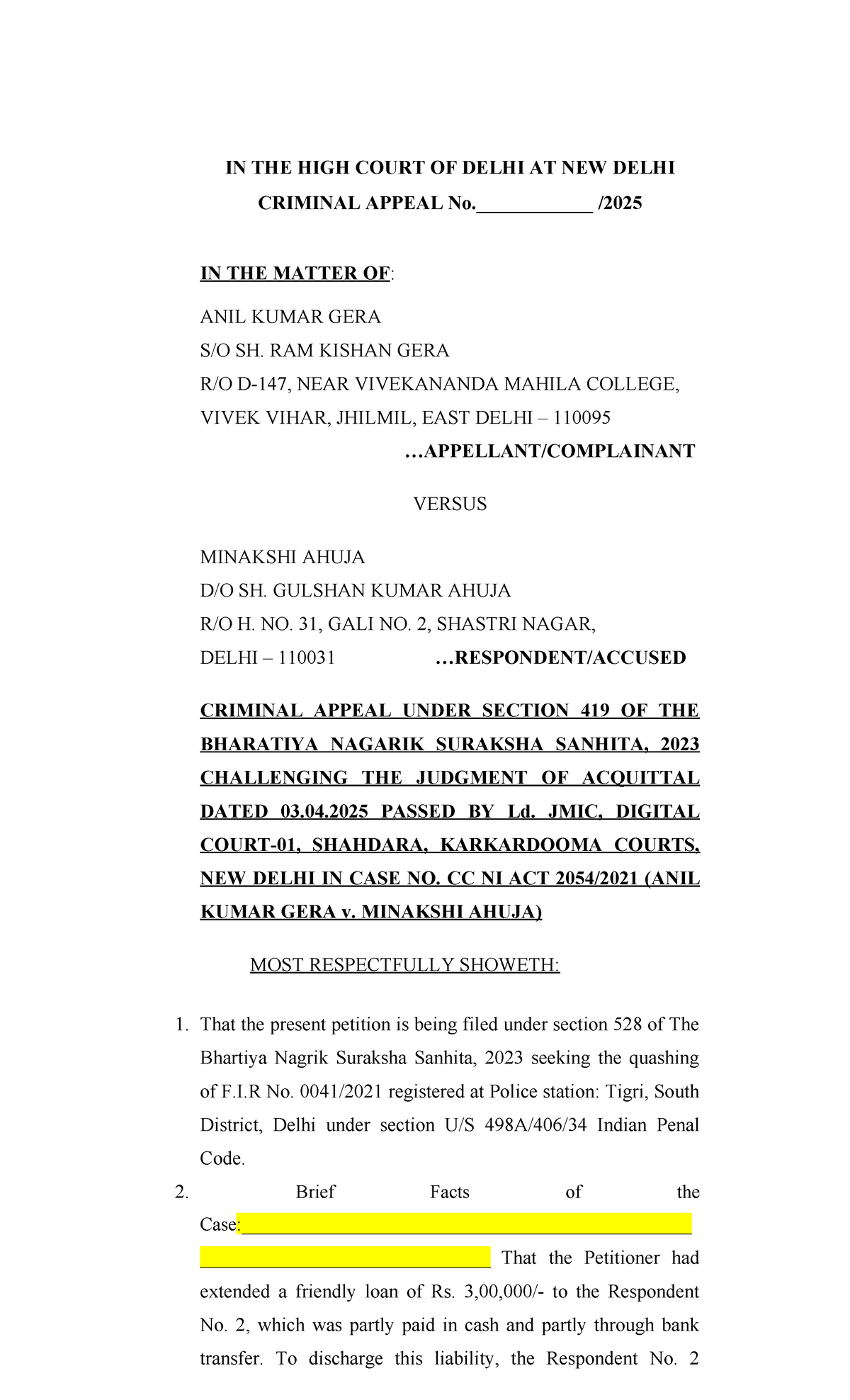 Criminal Appeal No. CC NI Act: Anil Kumar Gera vs. Minakshi Ahuja - Studocu