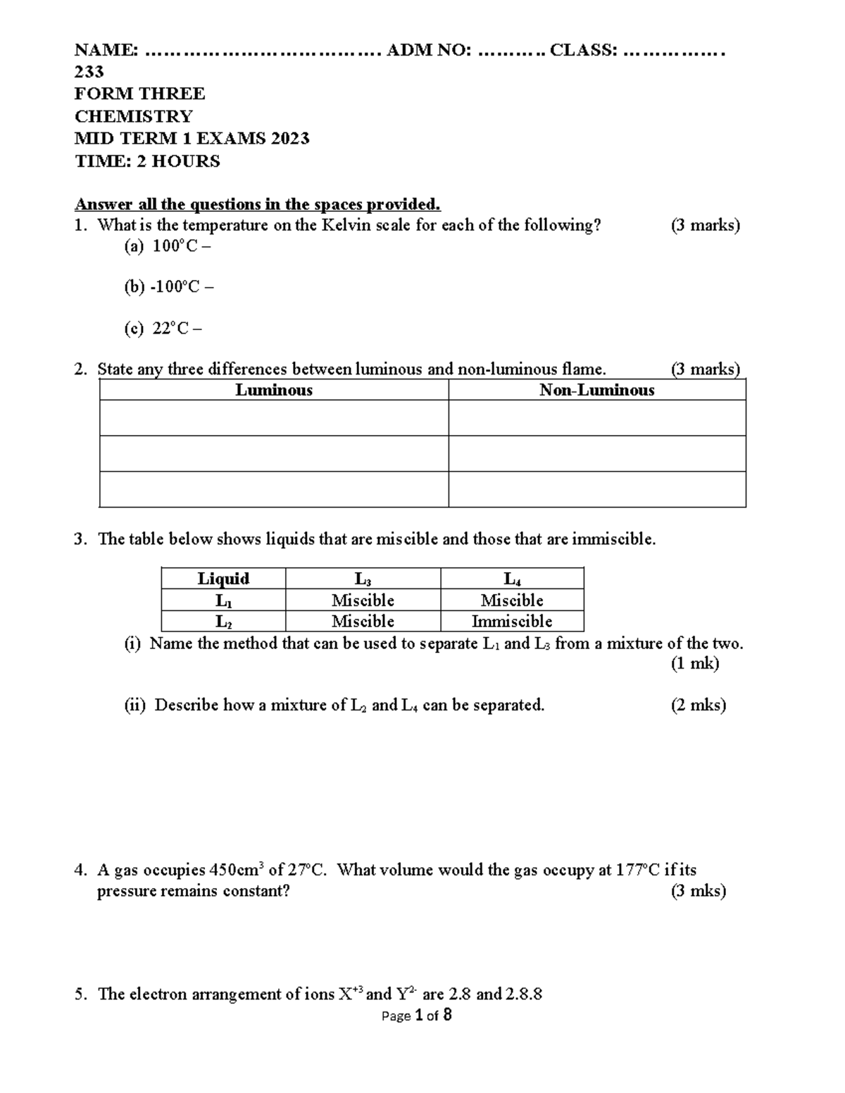 Chemistry-F3-Term-1-2023-Teacher co ke - NAME: ..................................... ADM NO ...