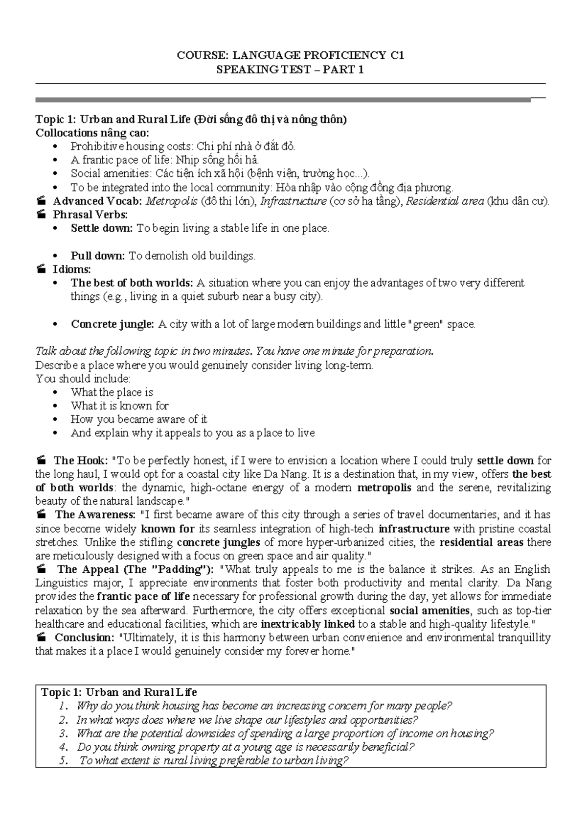 LANGUAGE PROFICIENCY C1 SPEAKING TEST: Urban & Rural Life Review - Studocu