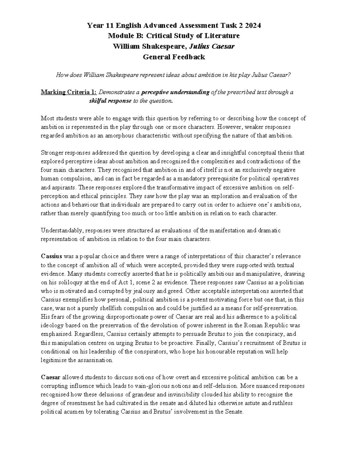 Y11 Eng Adv Julius Caesar 2024 - Assessment Task 2 Feedback - Studocu