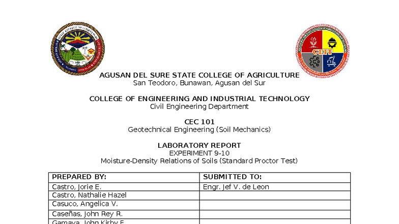 CEC 101 Lab Report: Standard Proctor Test on Soil Compaction - Studocu