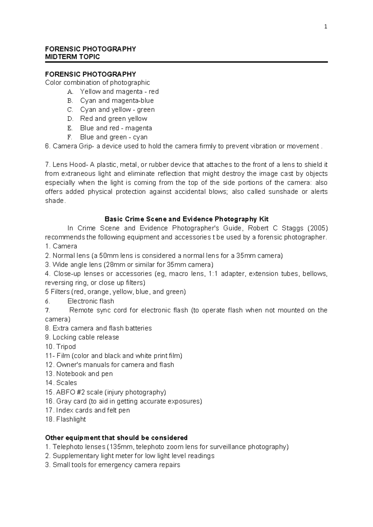 Forensic 1 - Midterm Review: Essentials of Forensic Photography - Studocu