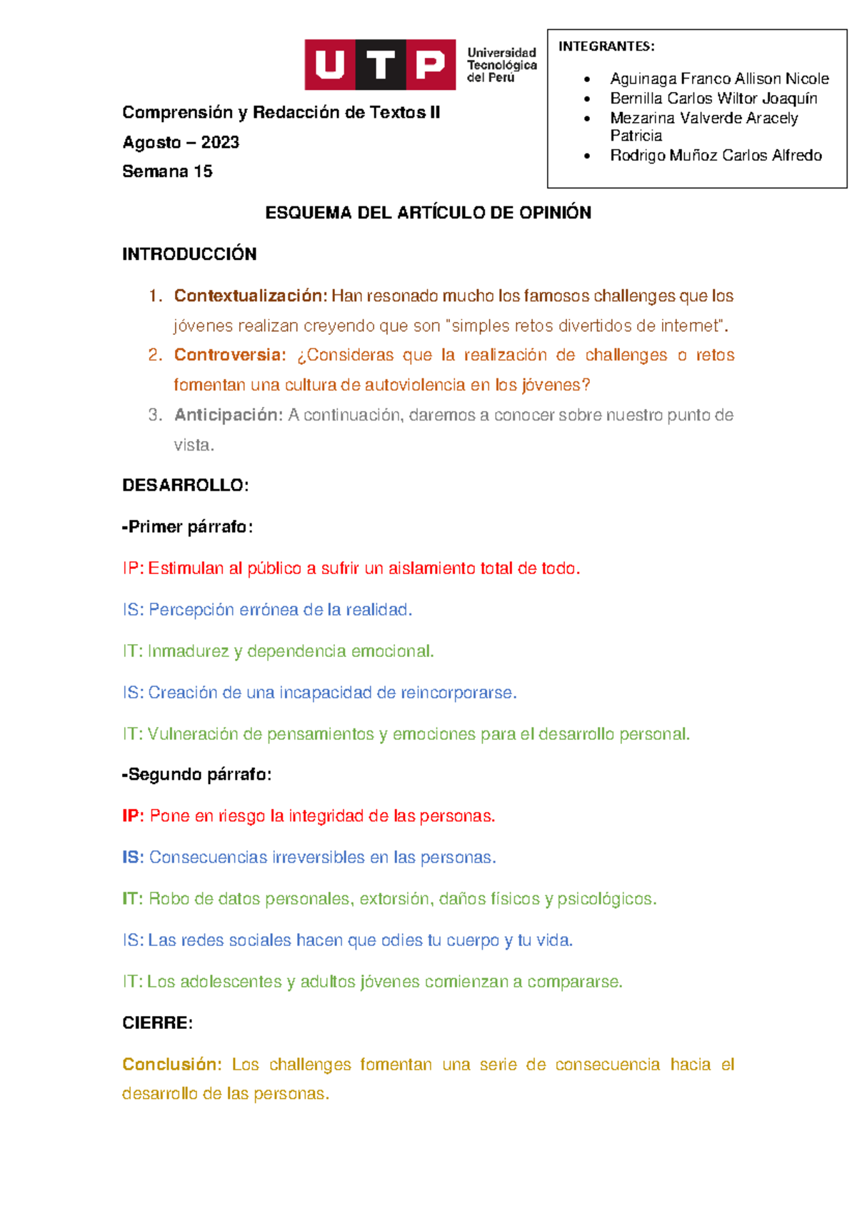 Artículo DE Opinión Borrador- Semana 15 - Comprensión y Redacción de ...